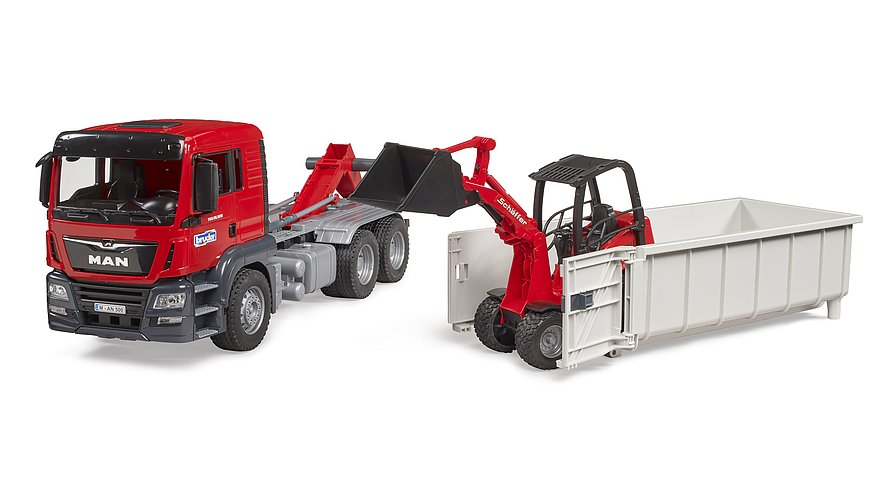 Bruder MAN TGS Truck With Roll off Container and Schäffer Yard Loader Toy Sense